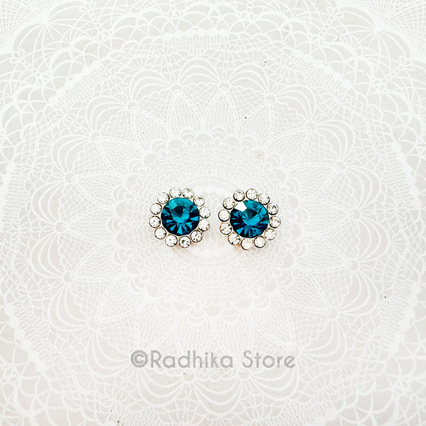 Flower Rhinestone Earrings - 1/2 Inch Teal Blue -Silvery - Radhika Store
